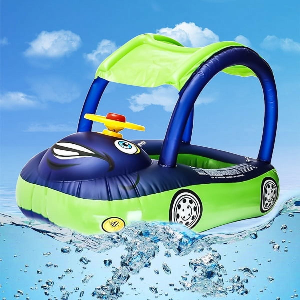 Baby Inflatable Pool Float with Canopy, Car Shaped Babies Swim Float Boat with Sunshade Safty ...