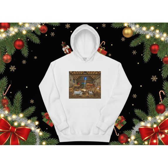 Baby Jesus Holy Night Nativity Scene Barnyard Farm Animals Hoodie Shirt ...
