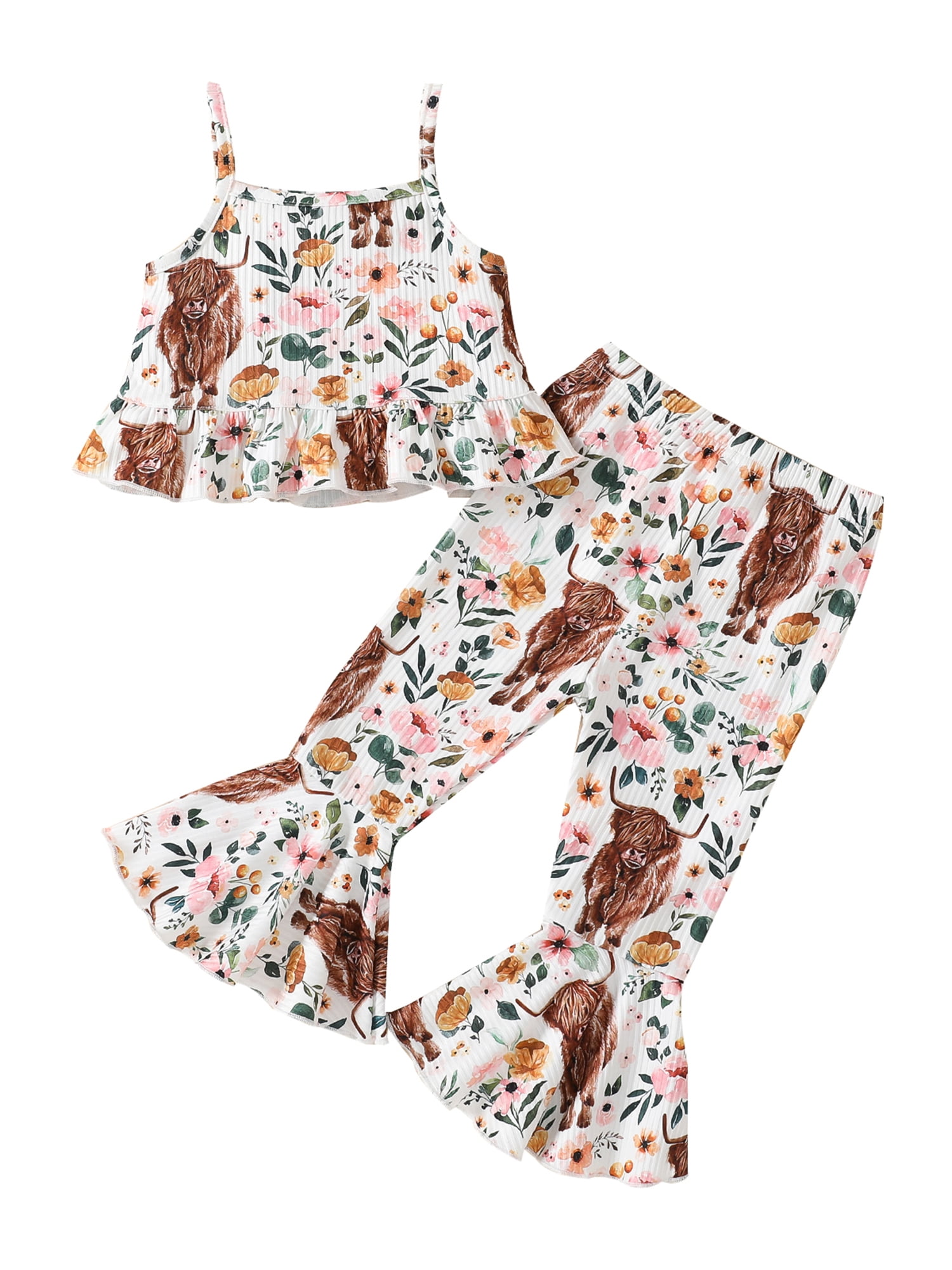 Baby Kid Girls Cattle Flower Print Suspender Camisole Flare Pants Set ...