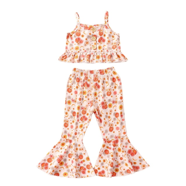 Baby Kid Girls Pants Set Flower Printed Spaghetti Straps Ruffled ...