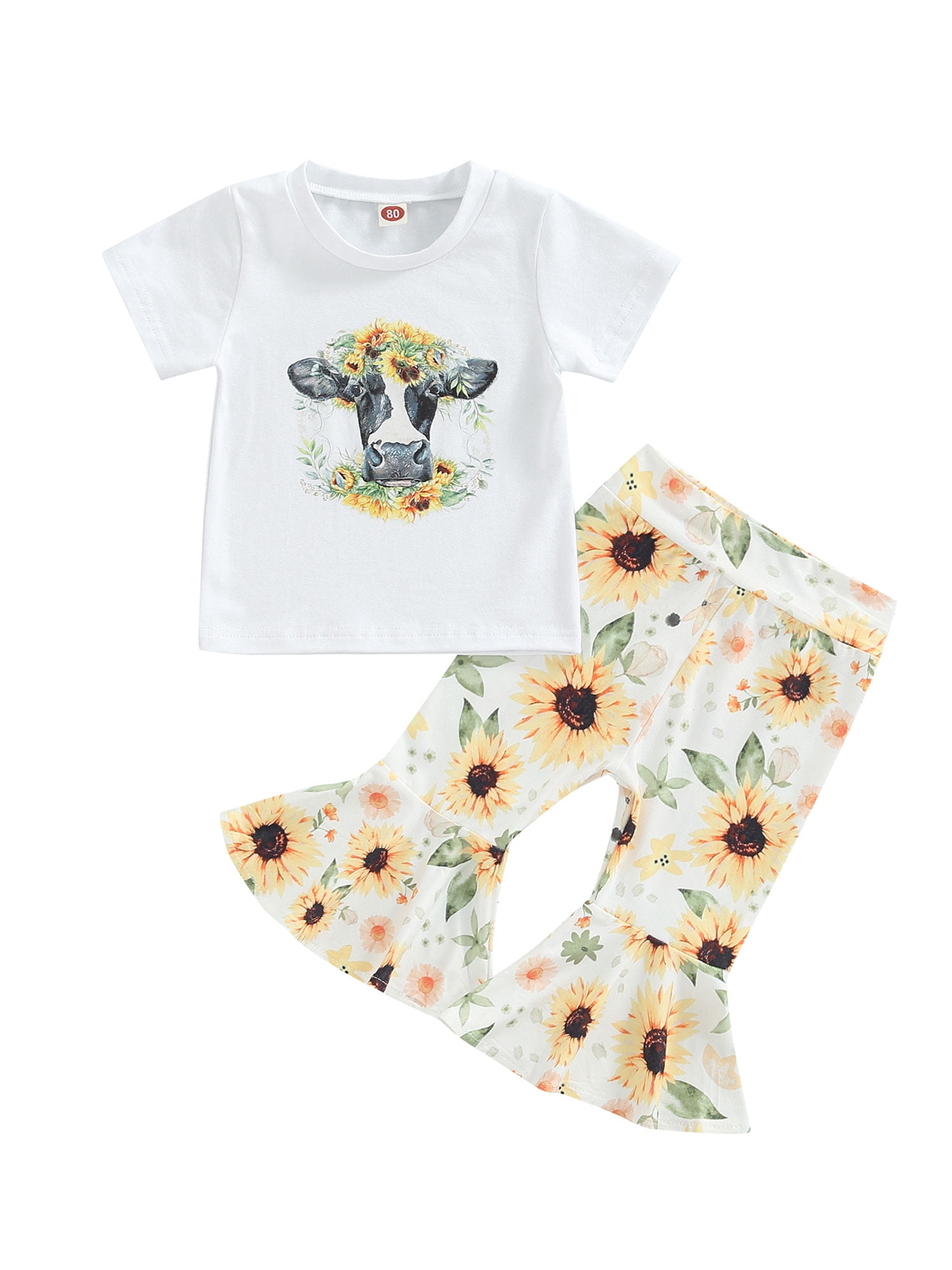 Baby Kid Girls Pants Set, Short Sleeve Cow Head Print T-shirt with Sunflower Flare Pants Casual ...