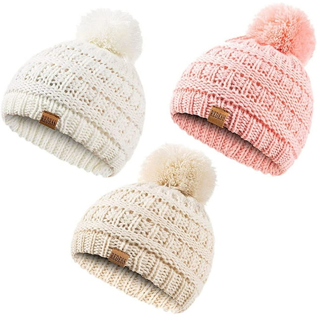 Baby Kids Winter Warm Hats, Infant Toddler Children Pom Pom Beanie Knit Cap Girls Boys-3 Pack ...