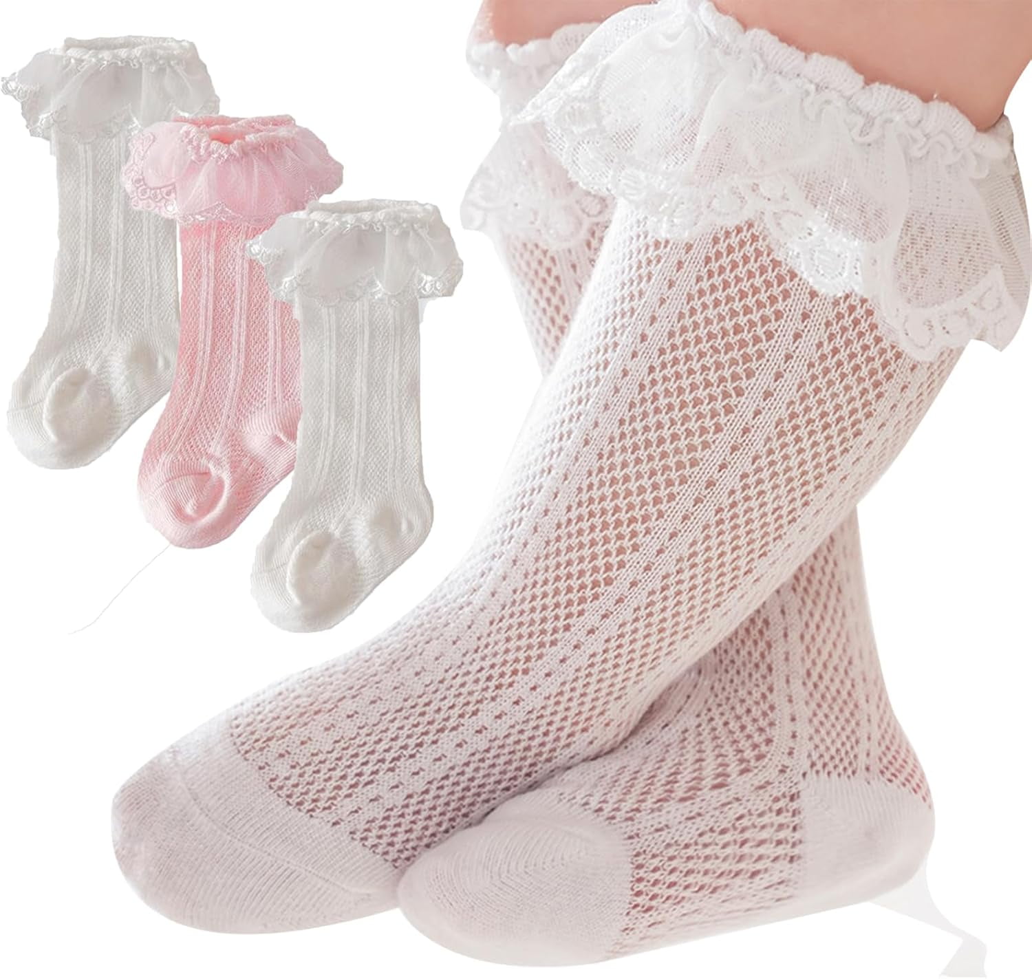Baby Knee High Socks Non Slip Grip Ankle Socks Ruffled Long Stockings ...