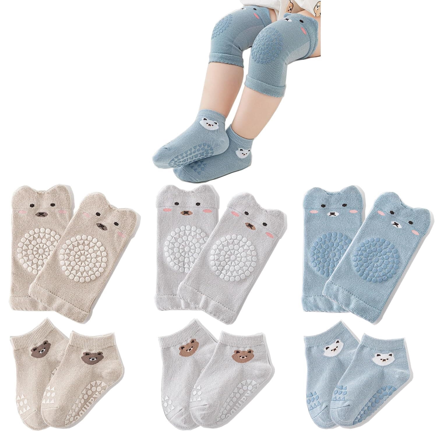 Baby Knee Pads for Crawling (3 Pairs) and Baby Socks for Walking (3 ...