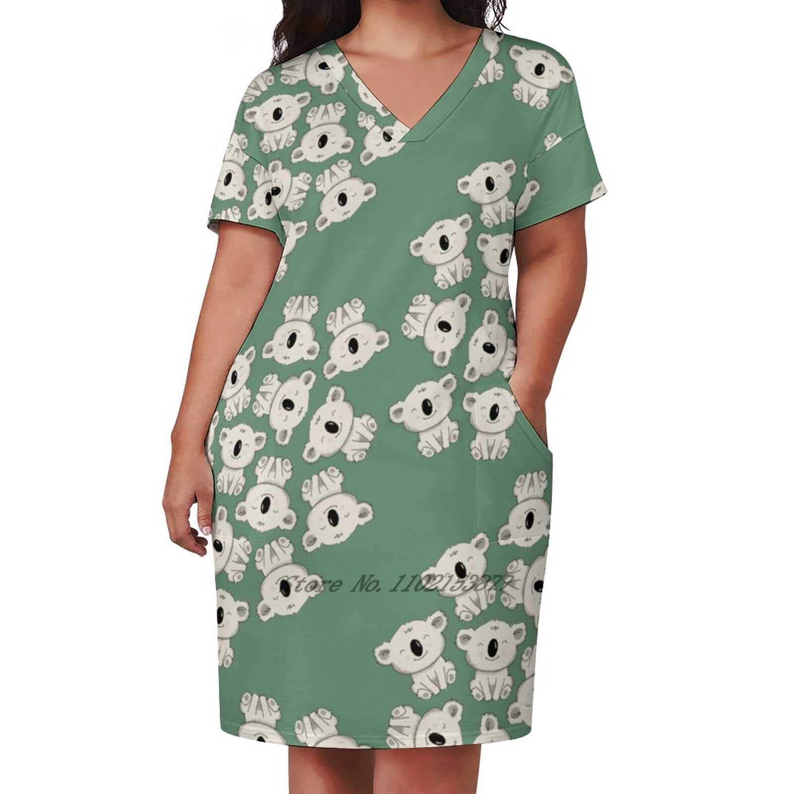 Baby Koala Loose Pocket Dress Women Casual V Neck Dress Printed Dress ...