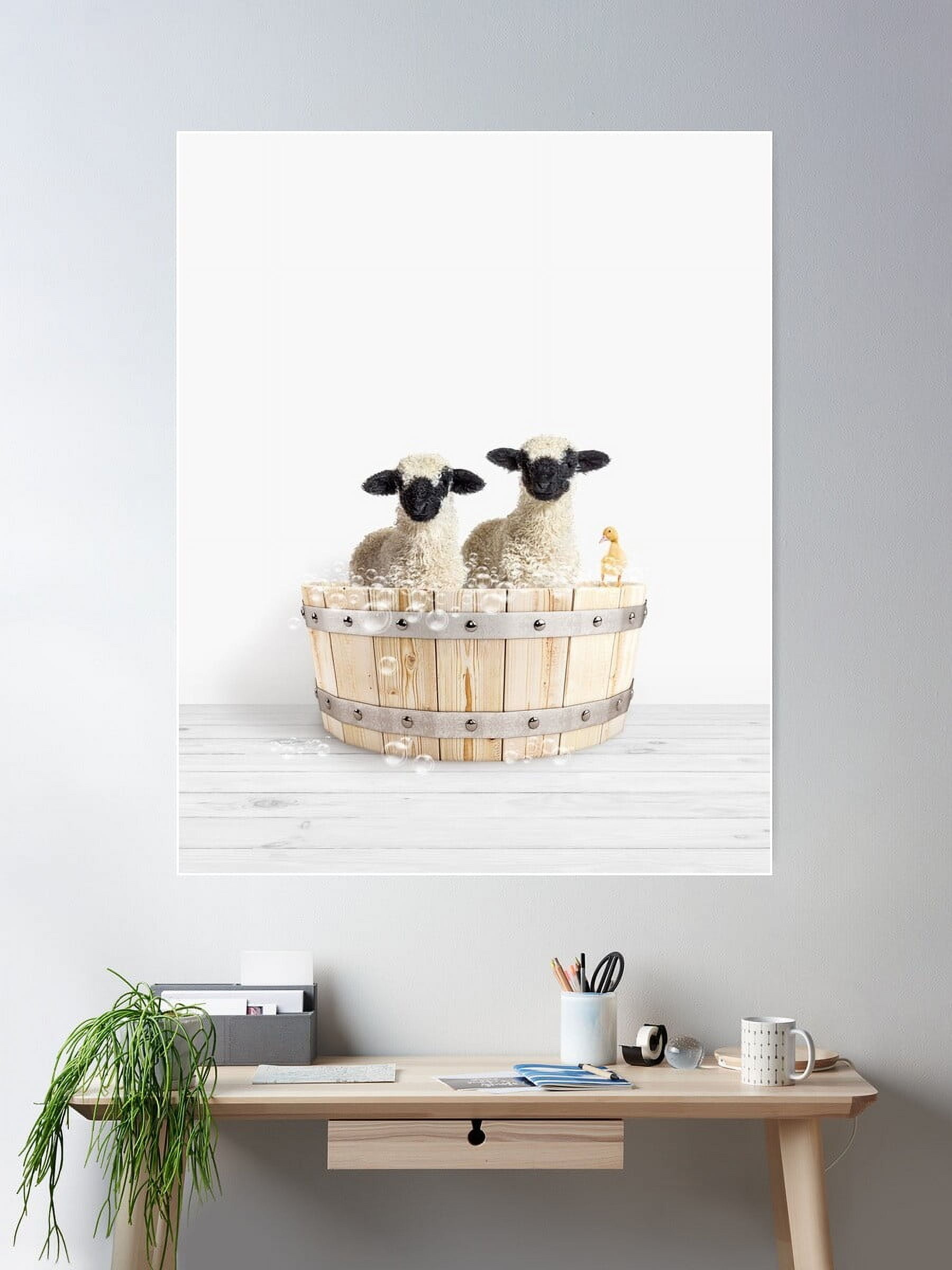 Baby Lamb And Duckling In Wooden Bathtub Print, Two Lambs Bathing ...