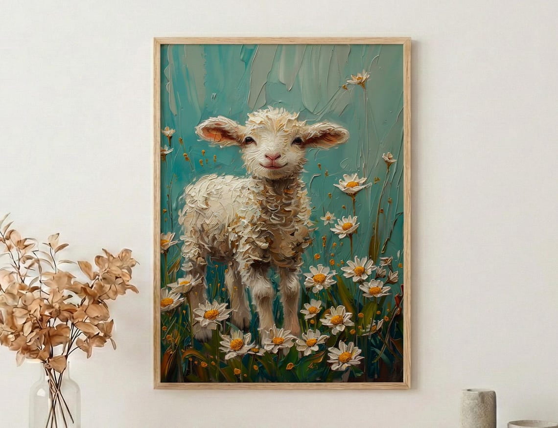 Baby Lamb Nursery White Daisy Spring Thick Style, Unframed Canvas ...