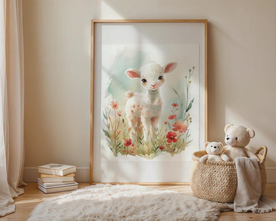 Baby Lamb Wildflower Nursery Art Print, Unframed Paper Poster 24x36in ...