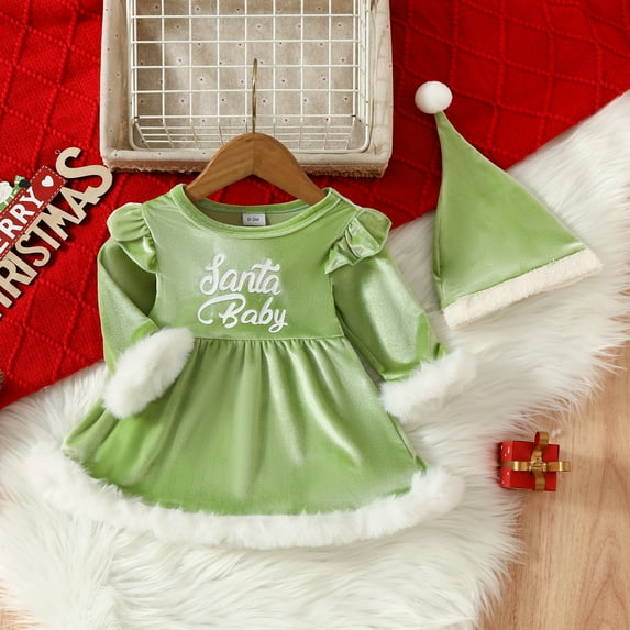 Baby Long Sleeve Dress with Faux Fur Trim and Matching Hat Soft Fabric ...