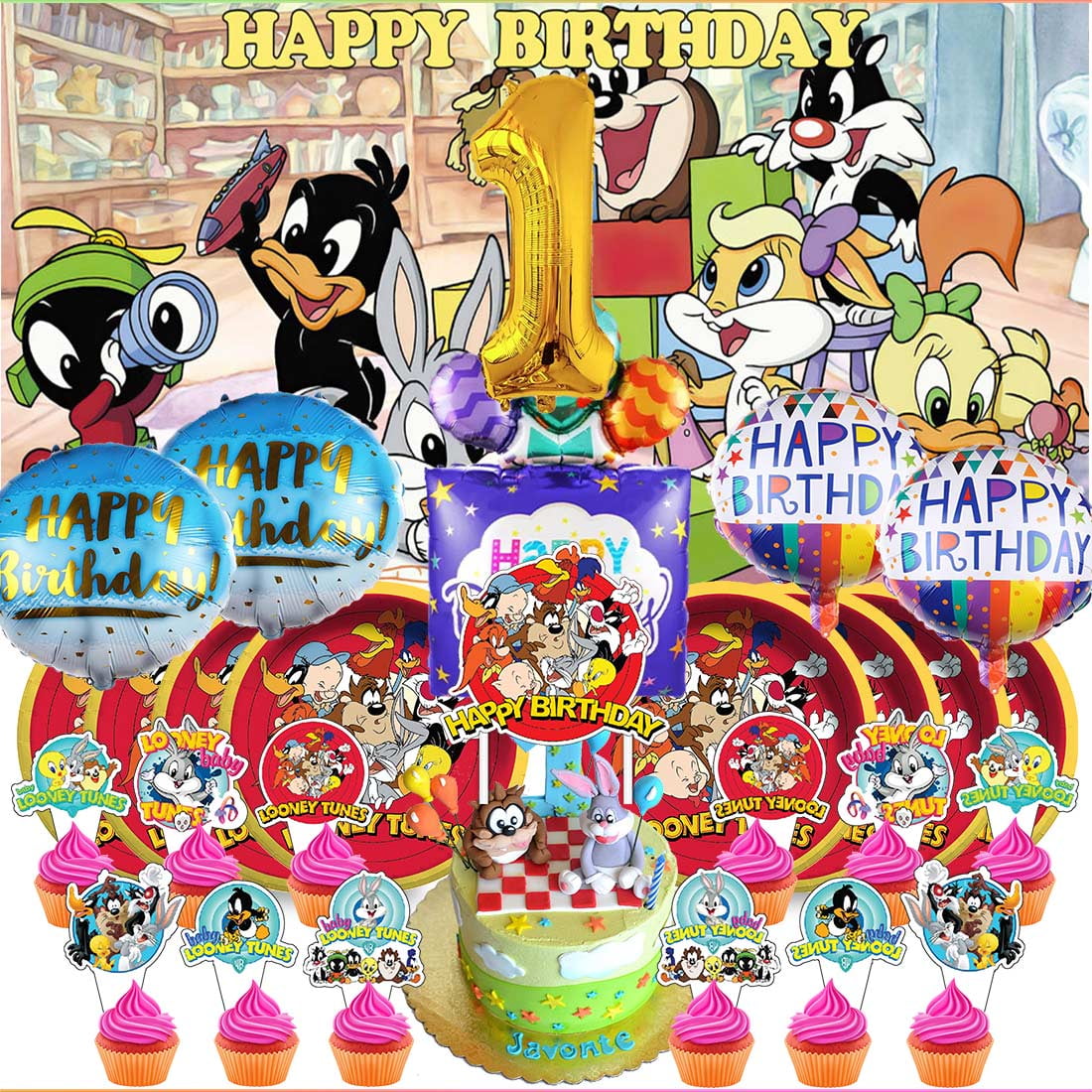 Baby Looney Tunes 1st Tableware Balloons Cake Toppers Backdrop Banner Supplies Party Decor ...