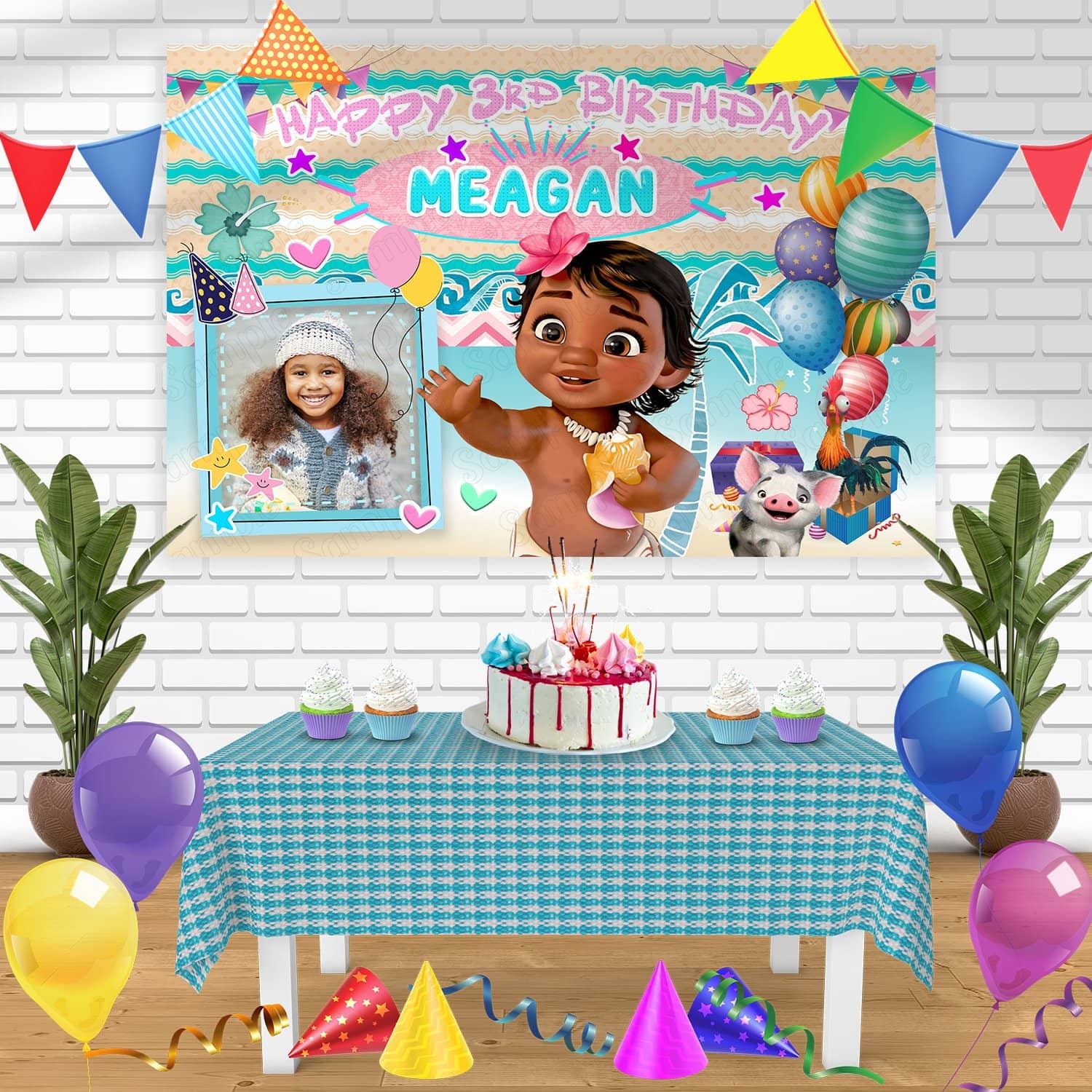 Baby Moana Frame Birthday Banner Personalized Party Backdrop Decoration ...
