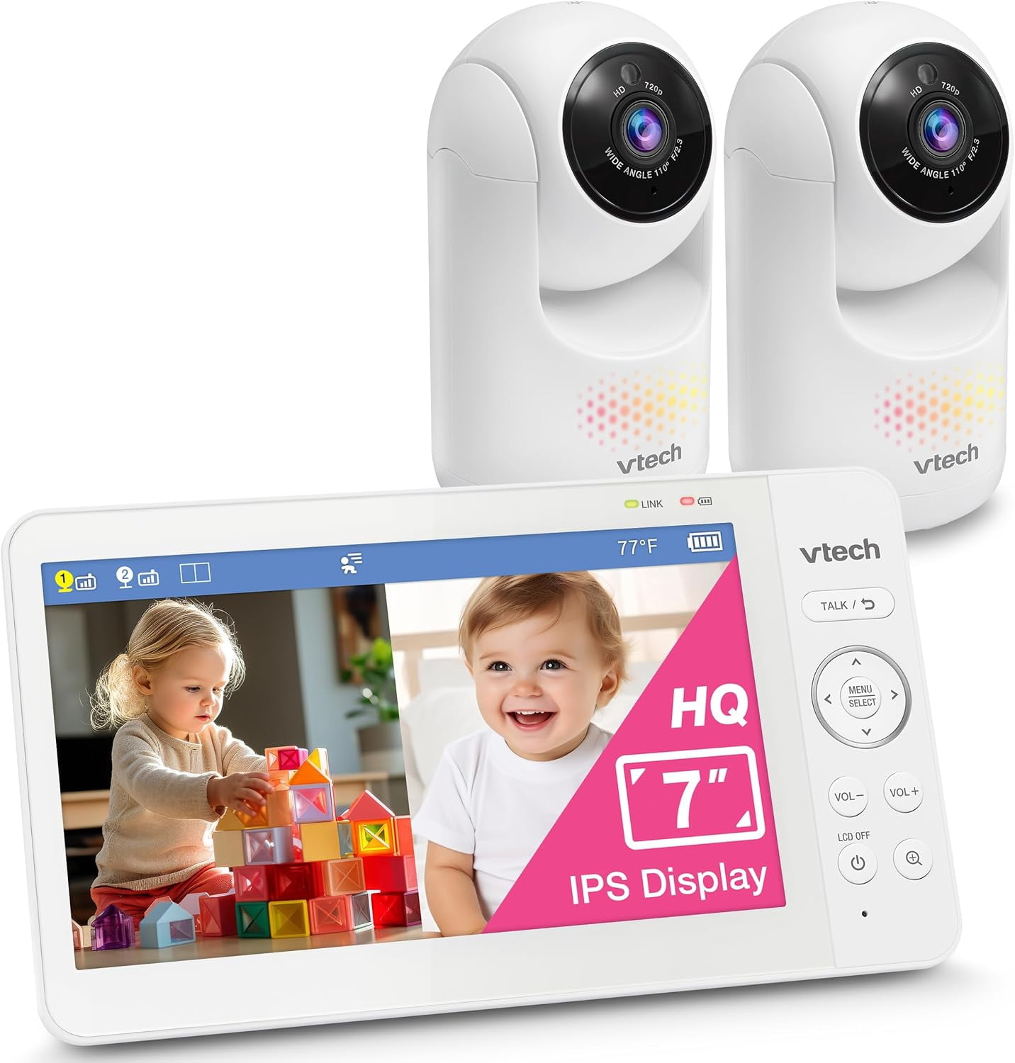 Baby Monitor with 2 Cameras No WiFi & 7" IPS Split Screen, Remote Pan ...