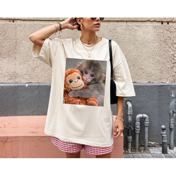 Baby Monkey Hugging Plush Toy Photo Graphic Shirt, Monkey Punch Animal ...