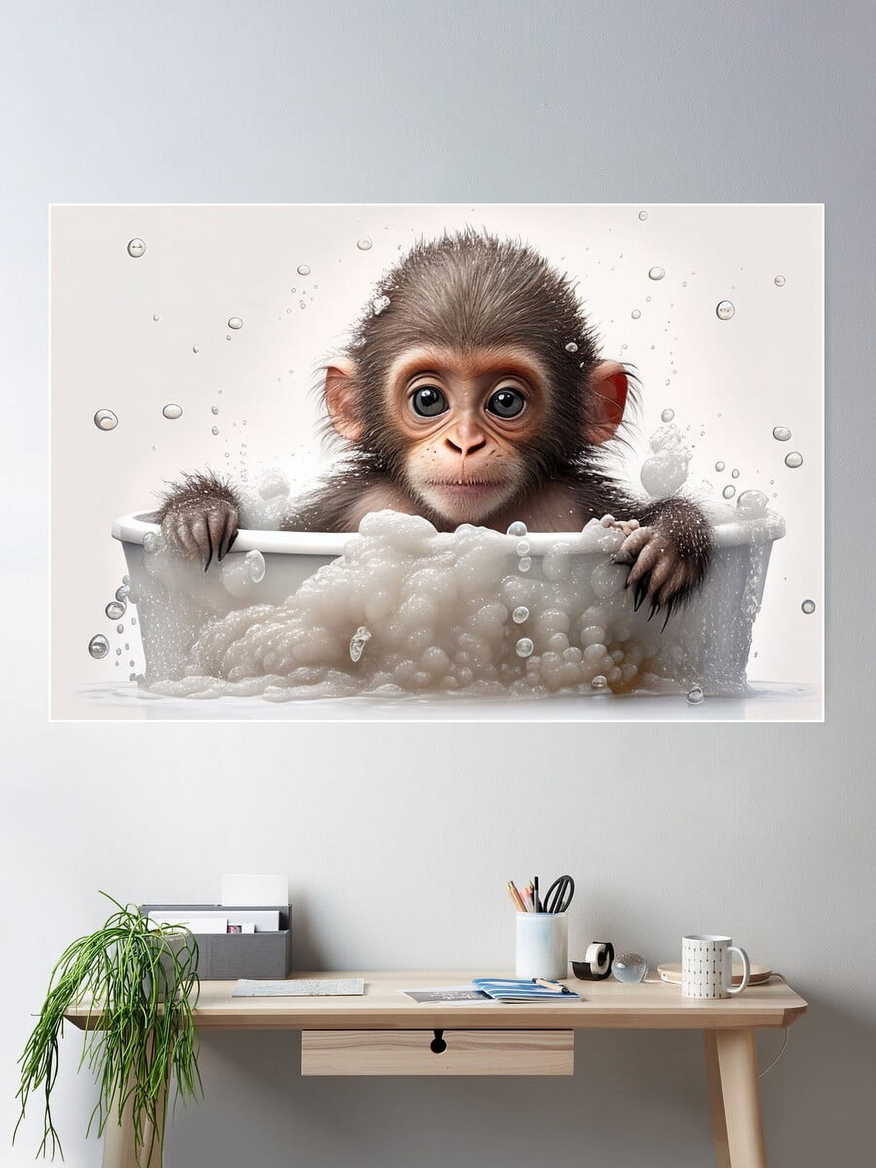 Baby Monkey Taking A Bath Cute Animal Art Poster Wall Art Modern Wall ...