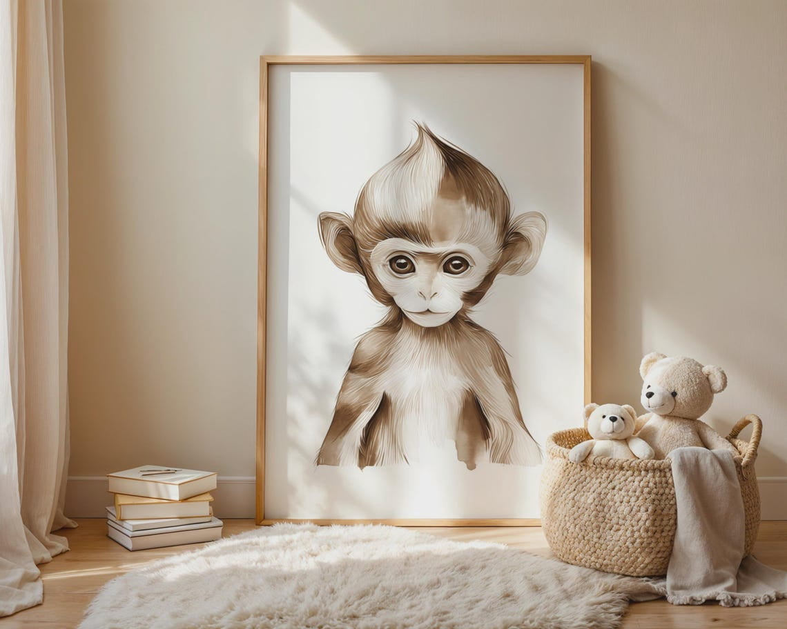 Baby Monkey Watercolor Nursery Sepia Brown Animal Illustration Children ...