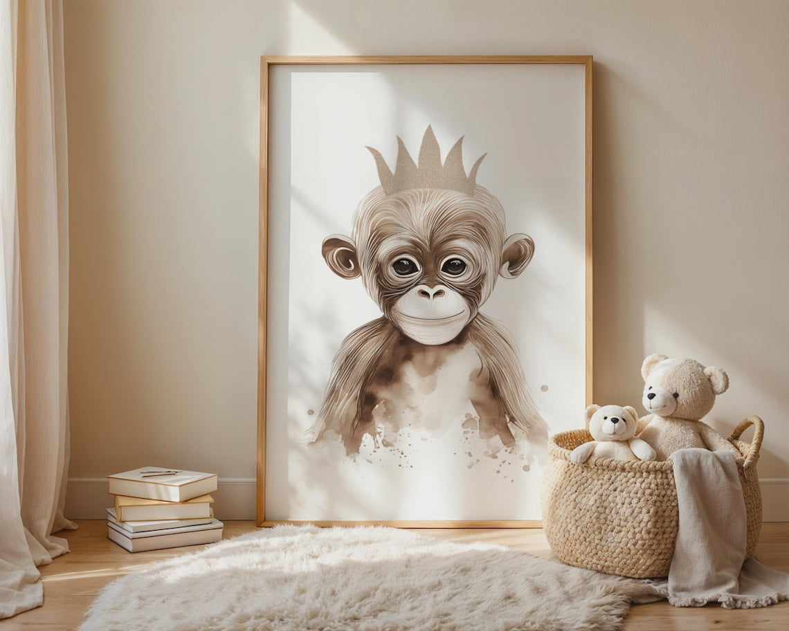 Baby Monkey Watercolor Whimsical Crown Animal Nursery Poster Unframed ...