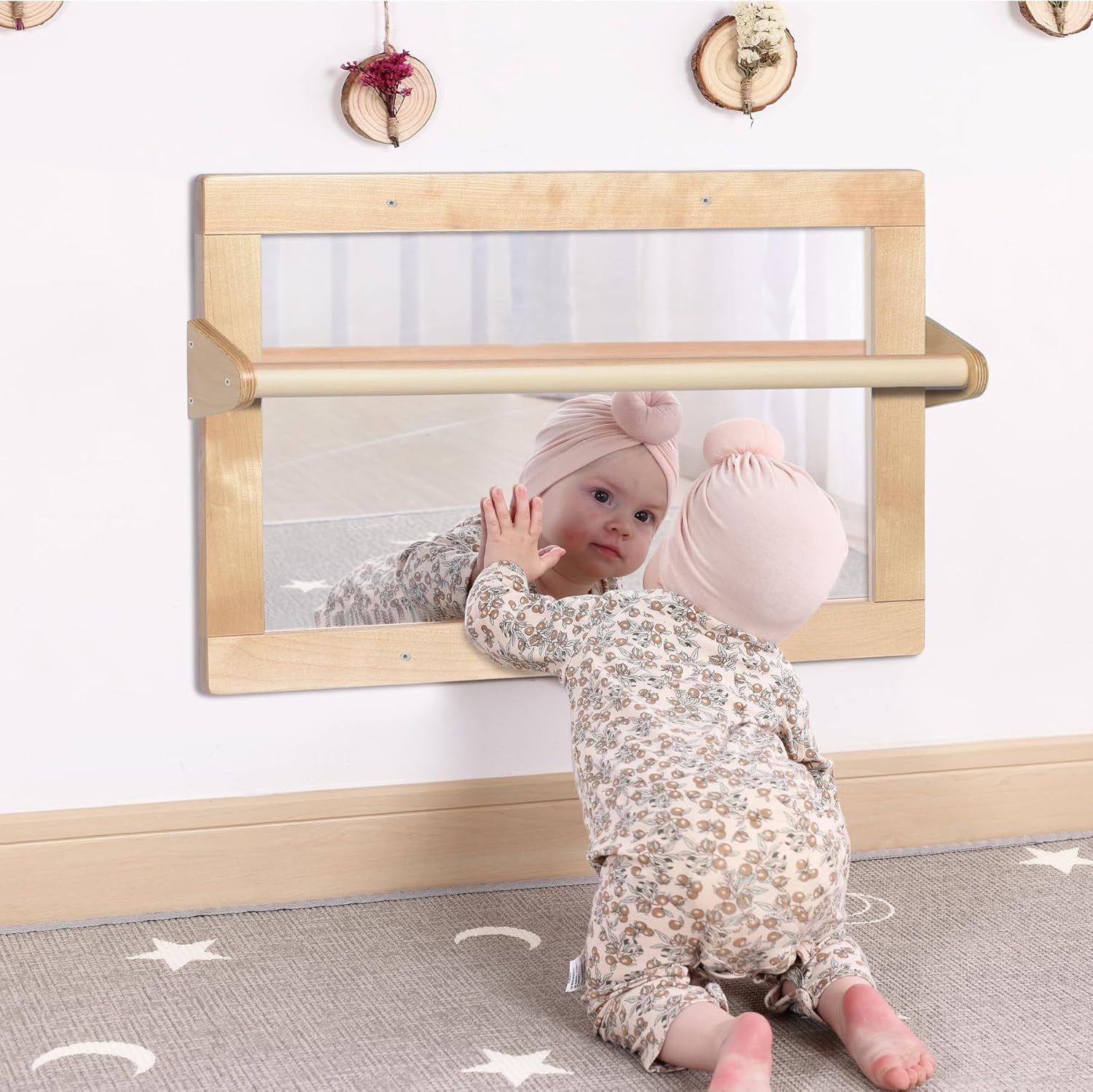 Baby Montessori Wooden Frame Non-Shatter Safety Mirror w/ 2 Pull Up ...