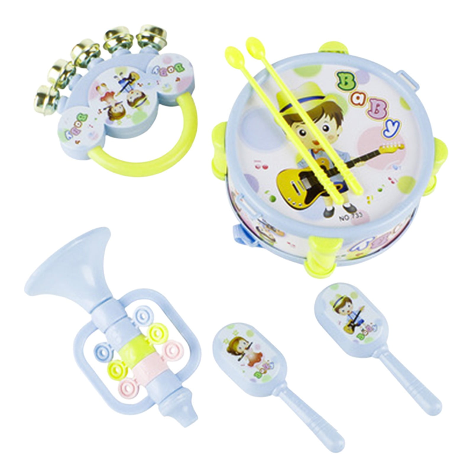 Blue Infant Musical Instrument Set Hand Drum Rattle Trumpet Early ...