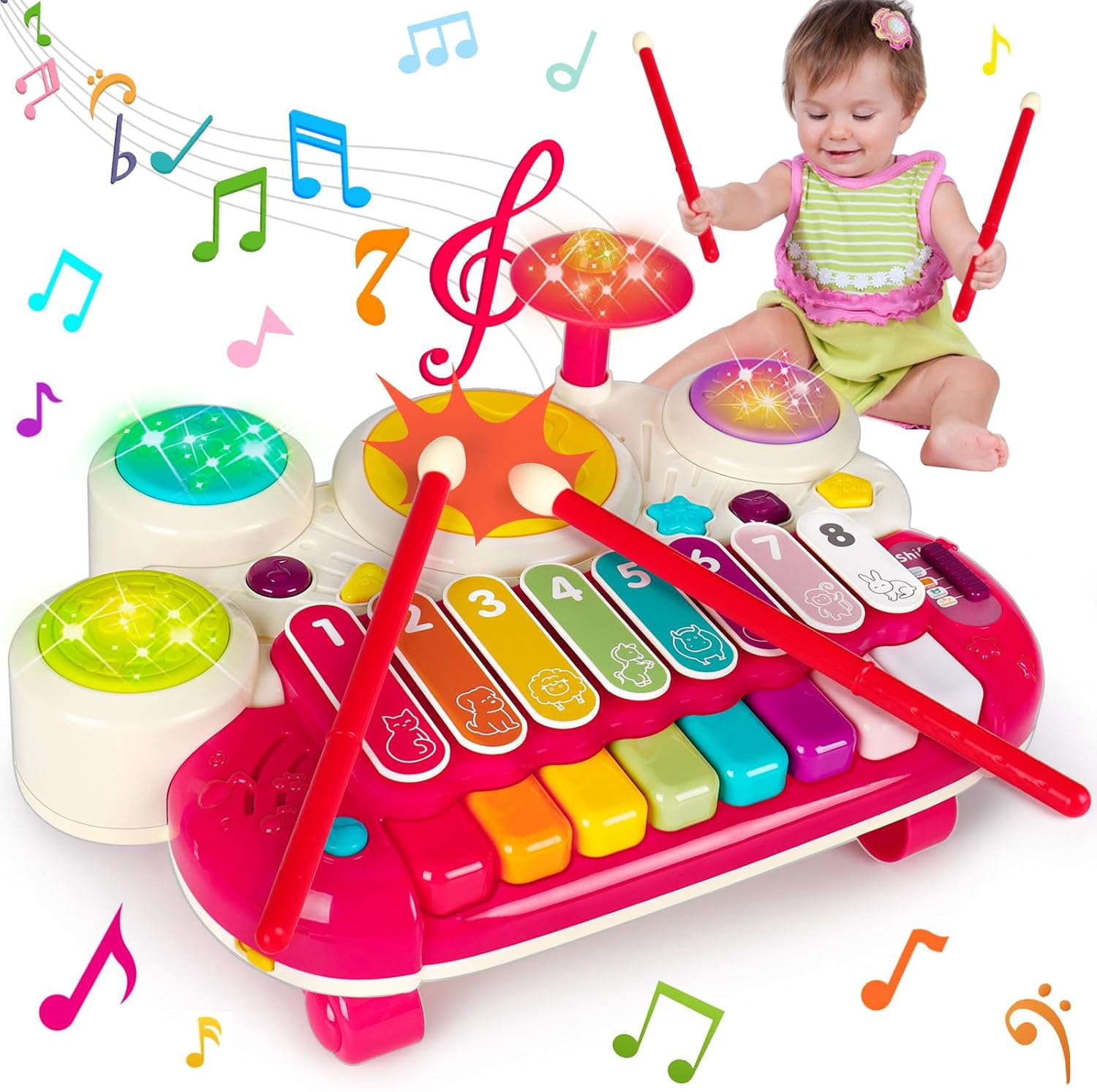 Baby Musical Toys 3 in 1 Piano Keyboard Xylophone Drum Set for 1 Year ...
