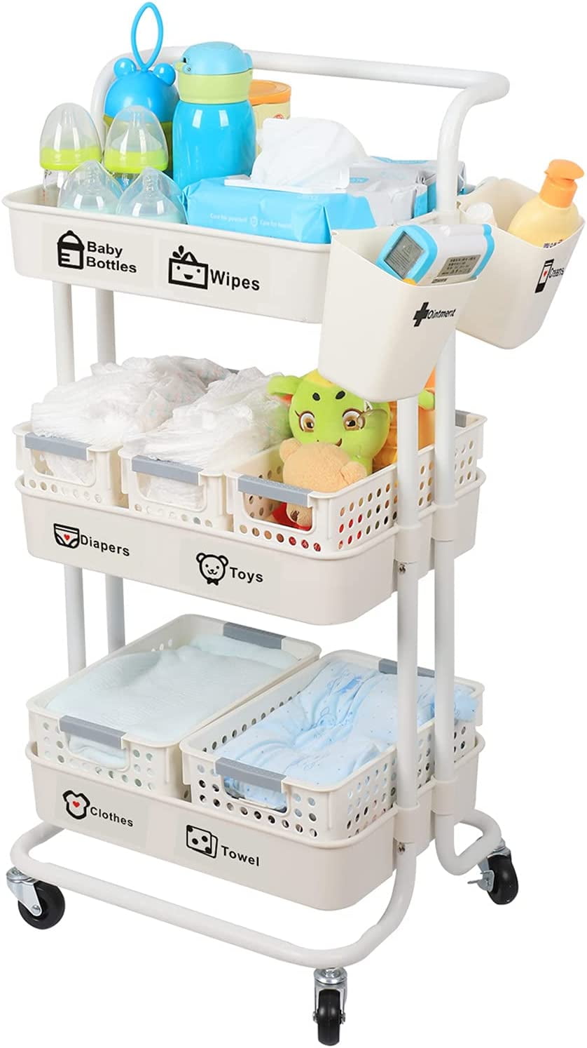 Baby Nappy Caddy Organiser Cart Movable, 3-Tier Sturdy Newborn Diaper ...