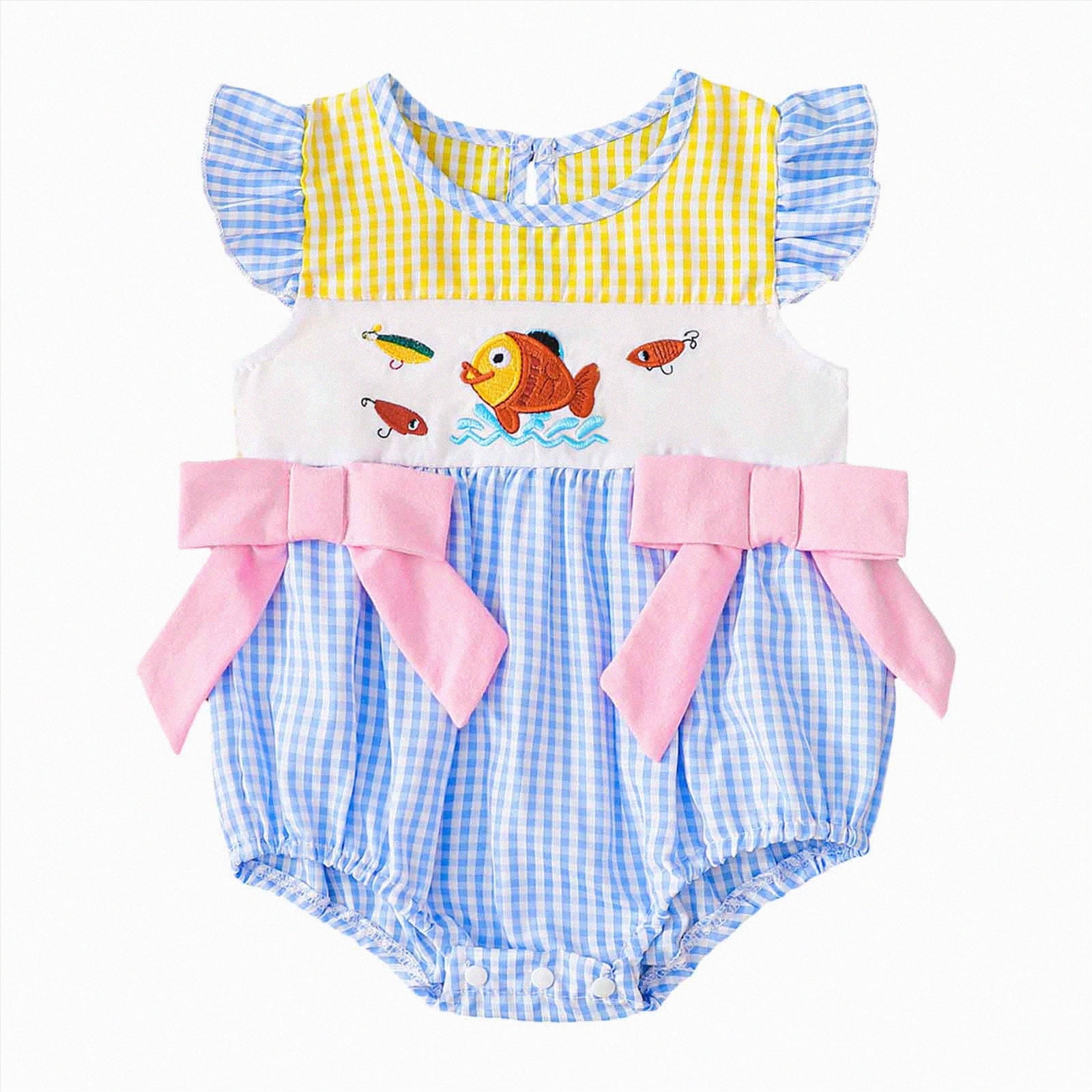 Baby Onesies Girl Baby Girl Outfit Infant Fish Embroidery Gingham Print ...