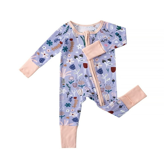 Baby Onesies Girl Floral Plant Print Long Sleeve Zipper Romperspring ...
