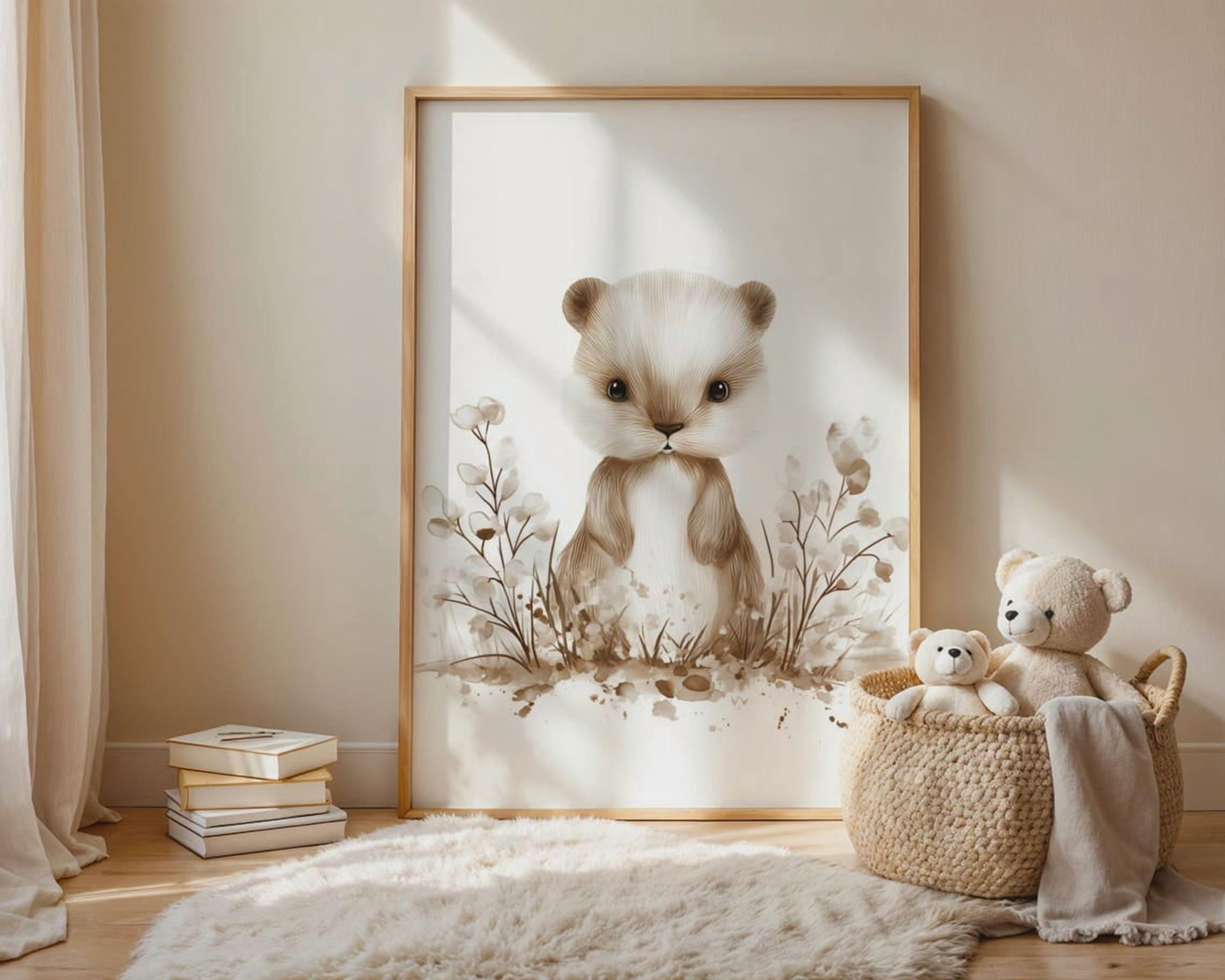 Baby Otter Nursery Art Woodland Animal Neutral Botanical Decor Unframed ...