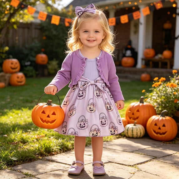 Baby Outfits Girls Halloween Cartoon Prints Dress Long Sleeve Ruffles ...