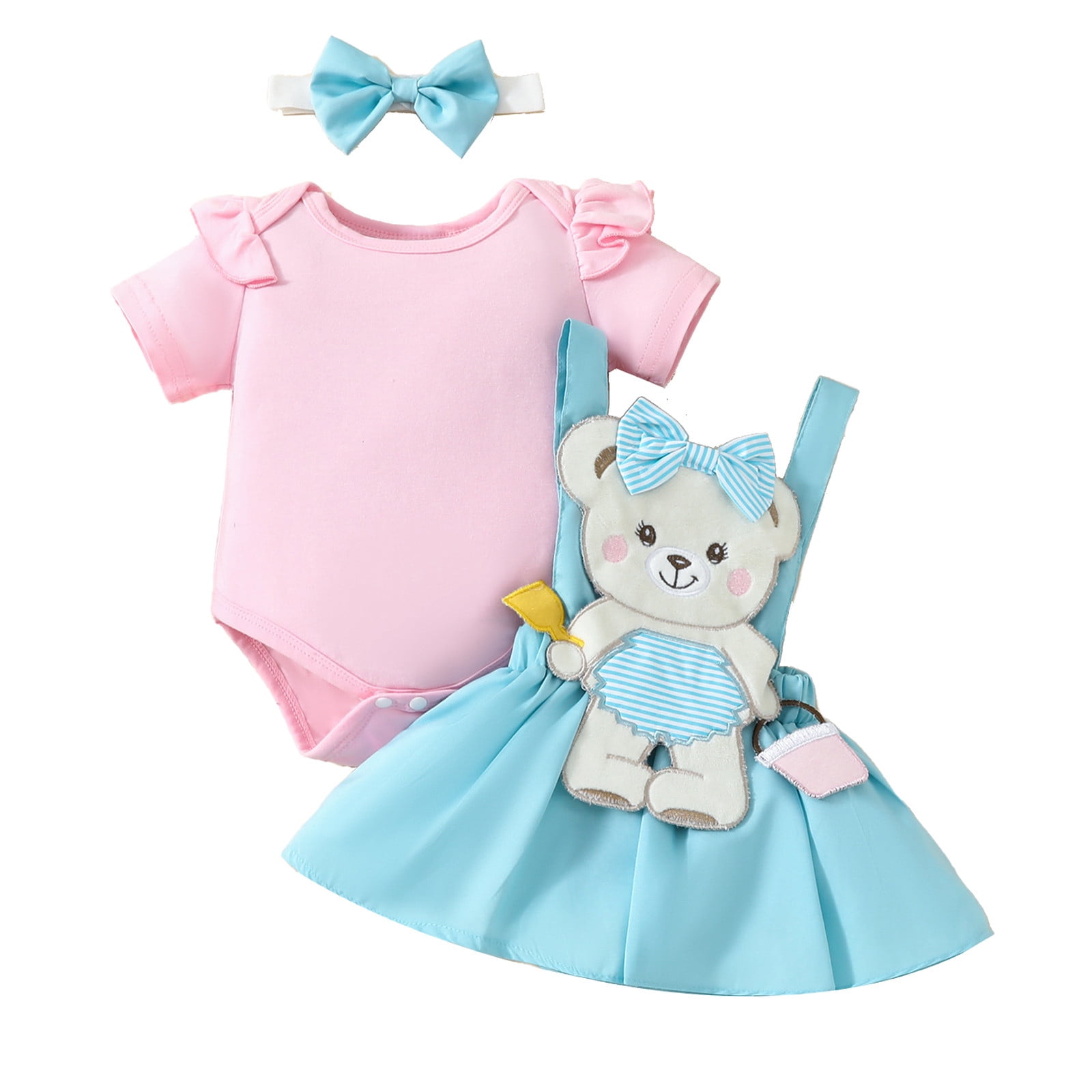 Baby Outfits Toddler Ruffles Short Sleeve Romper Cartoon Bear Prints ...