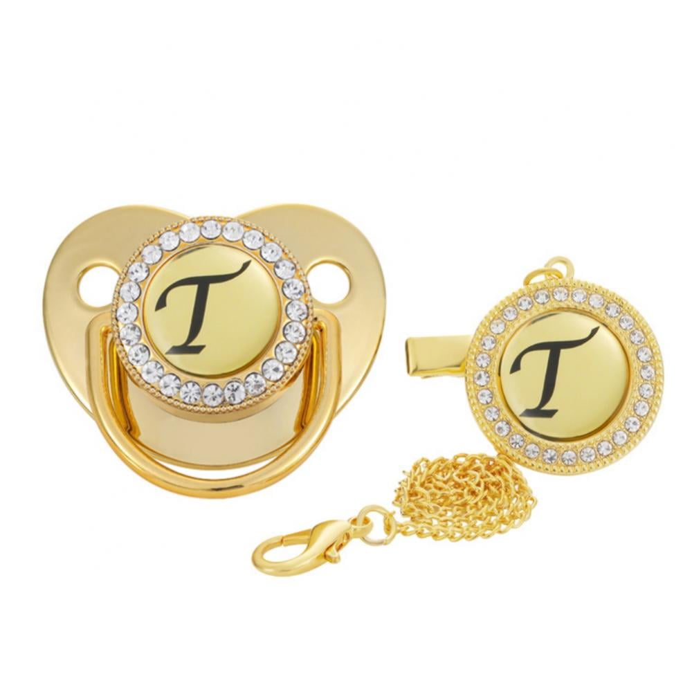 Baby Pacifier and Clip Set Gold Personalized Name Glitter Crystal ...