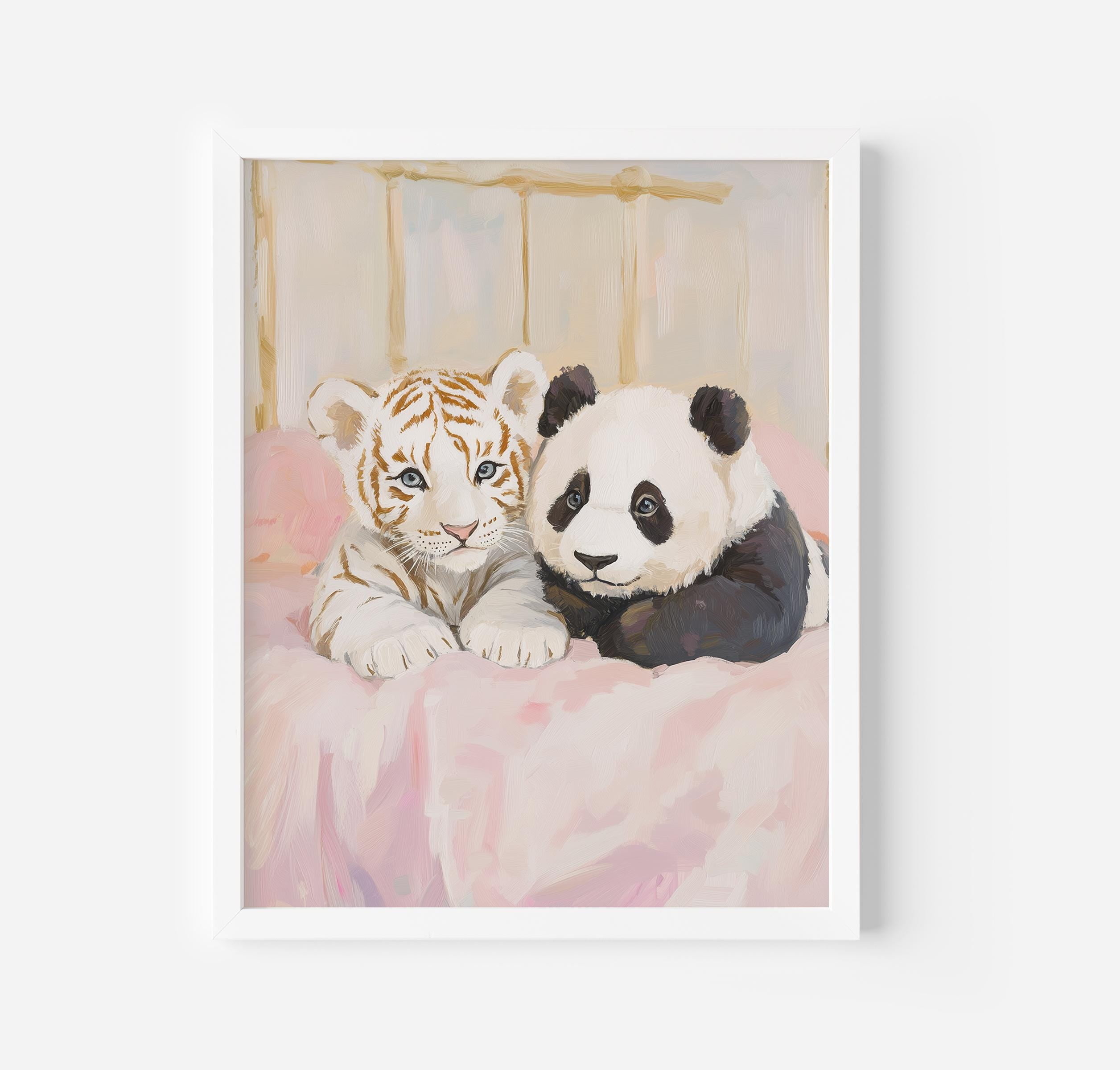 Baby Panda And White Tiger Art Print, Nursery Decor Poster Warm Present ...