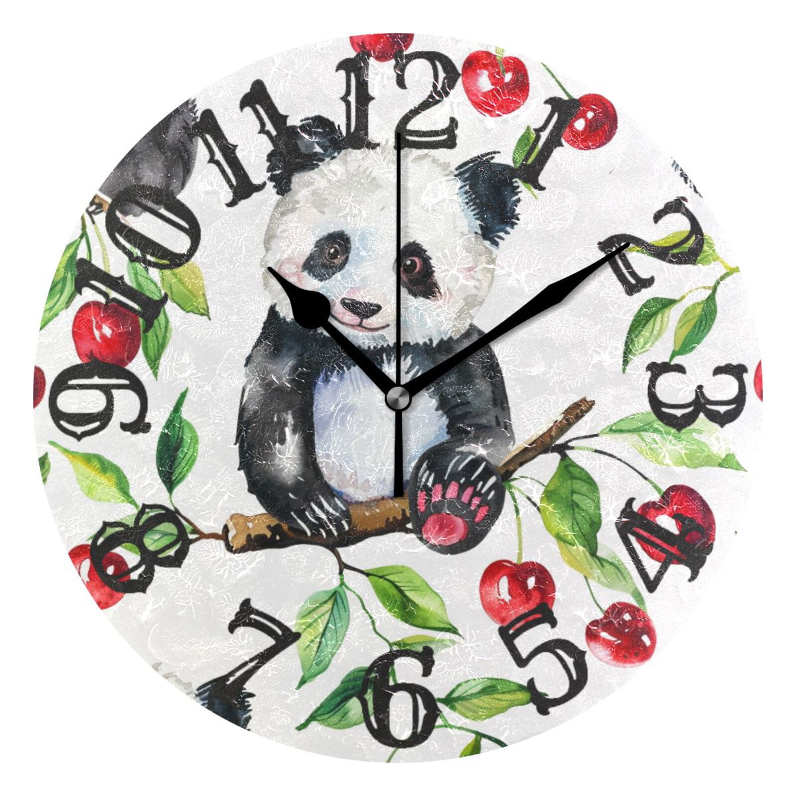 Baby Panda Cherry Wall Clock 10 inch Non-Ticking Easy to Read ...
