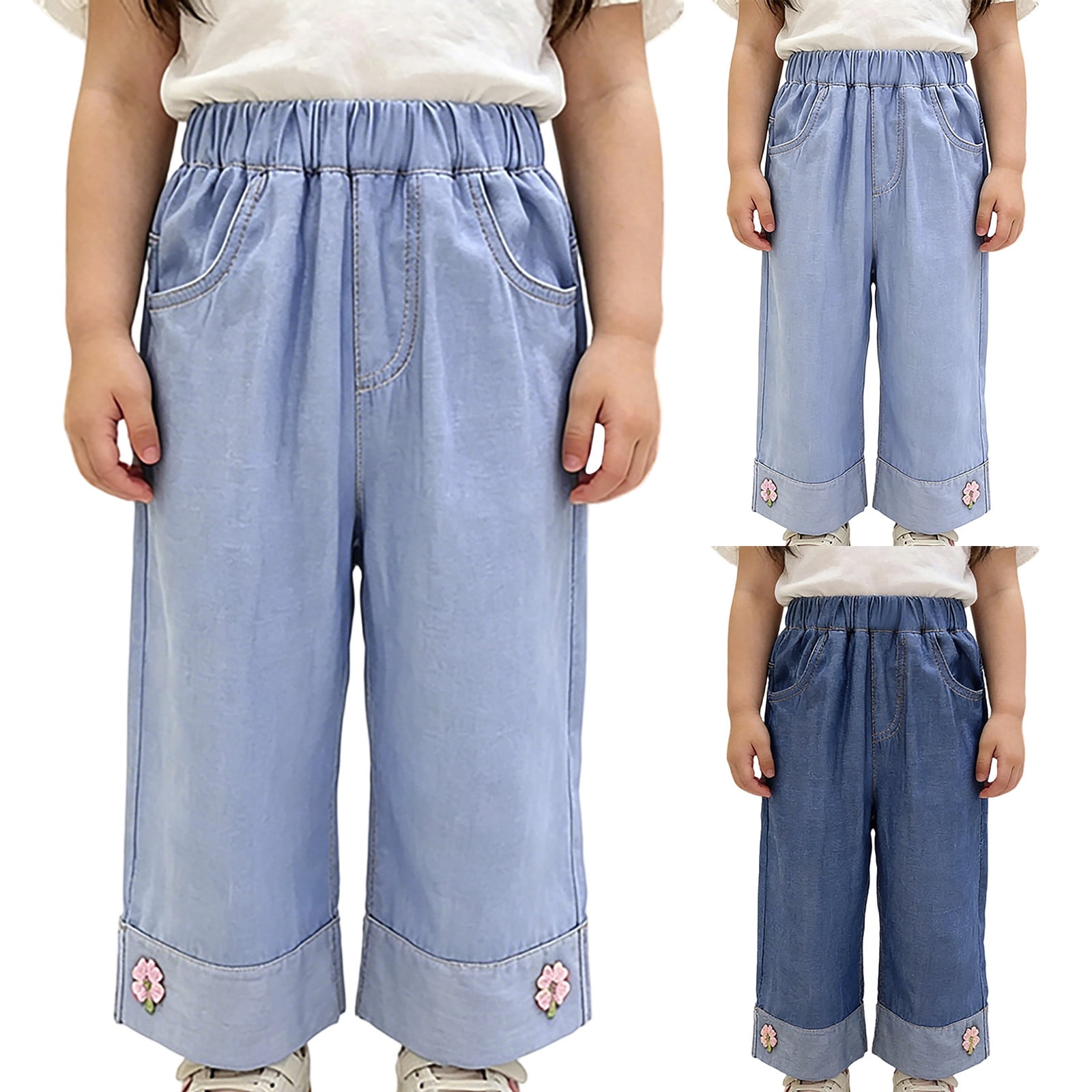 Baby Pants Girls Lightweight Denim Floral Wide Leg Pants Summer Loose ...