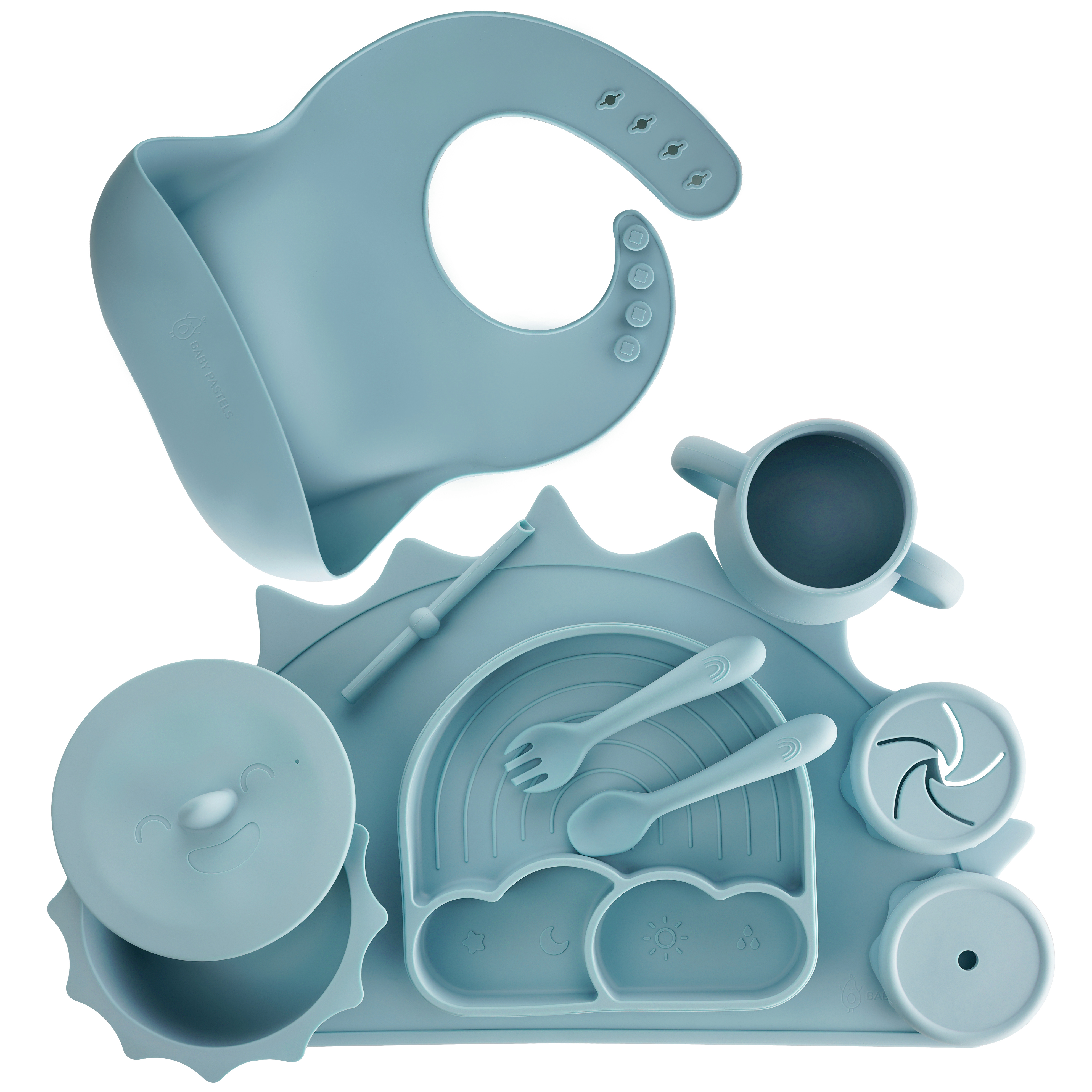 Pastel Blue, Baby Pastels 11-Piece Silicone Feeding Set for Infants 6 ...