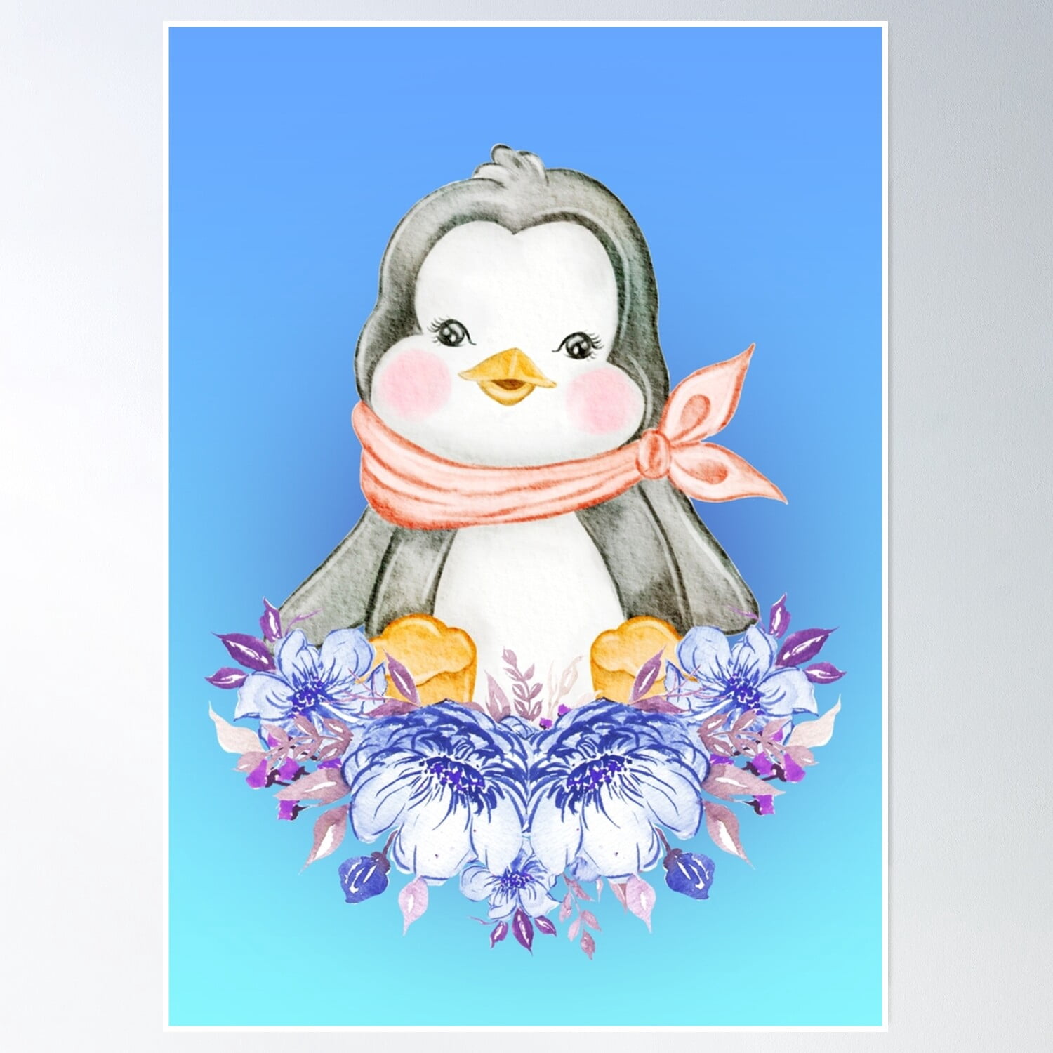 Baby Penguin On A Blue Background- Vintage Wall Arttrendy Retro Print ...