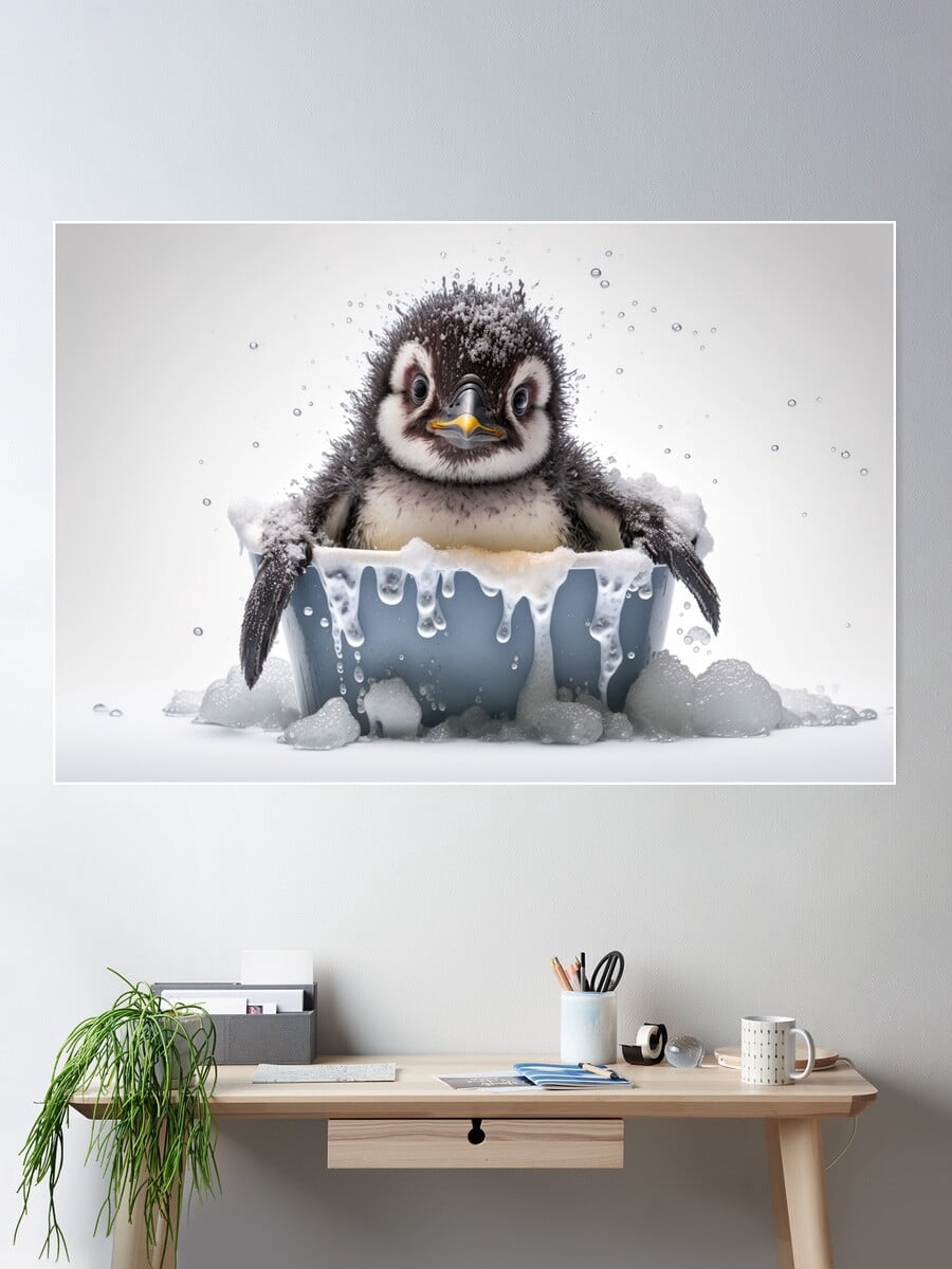 Baby Penguin Taking A Bath, Cute Animal Art Poster Wall Art, Modern ...