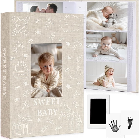 Baby Photo Album 4x6 300 Pockets with Memo Area & Hand and Footprint ...