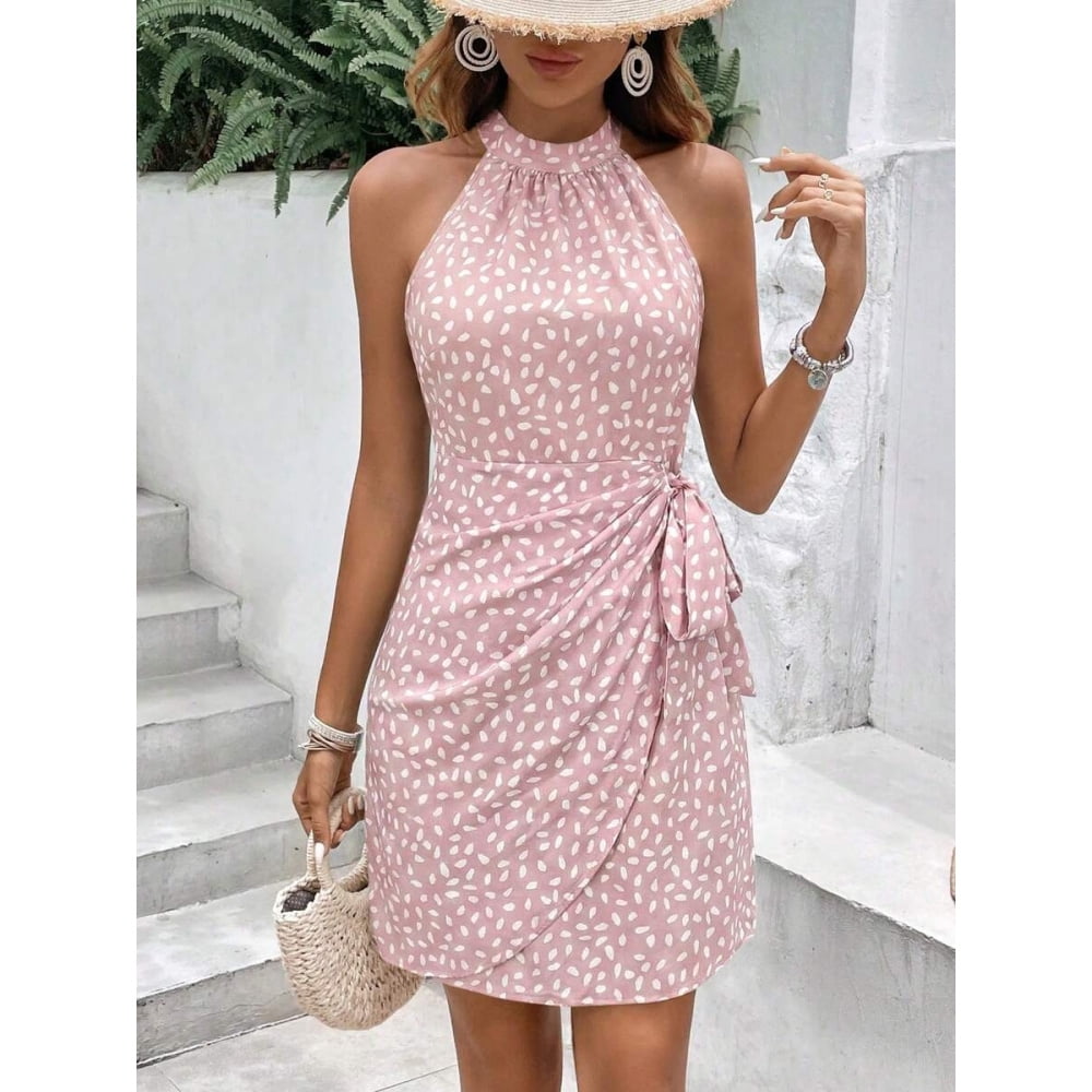 Baby Pink Allover White Leaf Print Sleeveless Halter Wrap Mini Dress ...