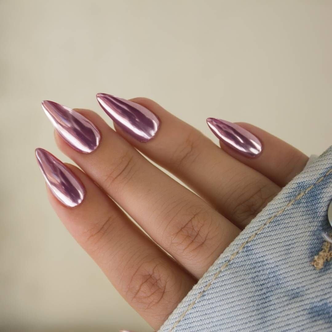 Baby Pink Chrome Press on Nails Medium Almond, Mirror Metal Stiletto Fake Acrylic Nails with ...
