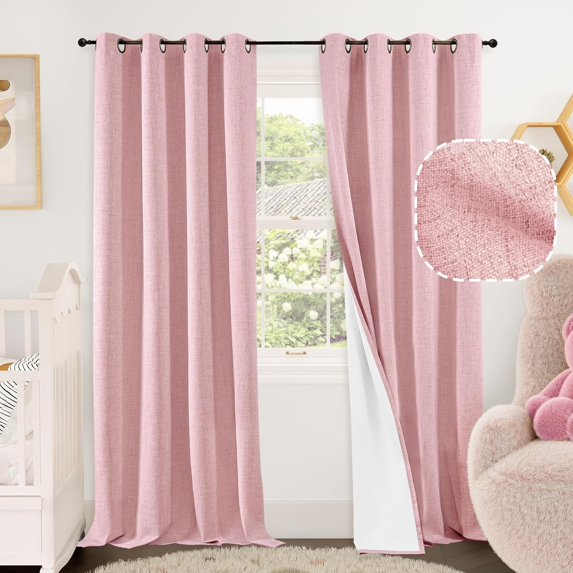 Baby Pink Linen Blackout Curtain Set for Nursery, 2 Panels 95 Inch ...