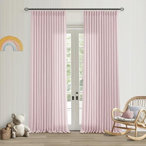 Baby Pink Linen Pinch Pleated Curtains 96 Inch Length 2 Panels for ...