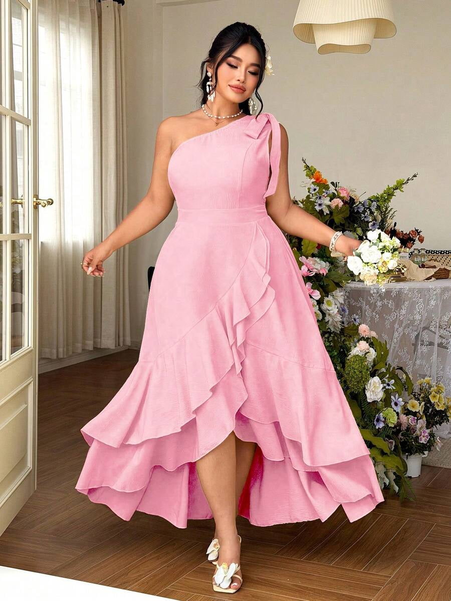 Baby Pink Plus Size One-Shoulder A-Line Dress With Ruffle Hem And Tie ...