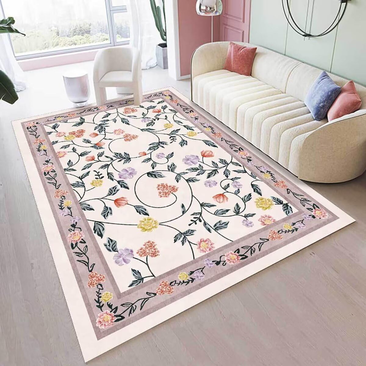Baby Pink Rose Floral Bordered Area Rug Traditional Oriental Botanical ...