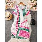 Baby Pink V-Neck Short Sleeve Geometric Print Plus Size Casual Dress ...