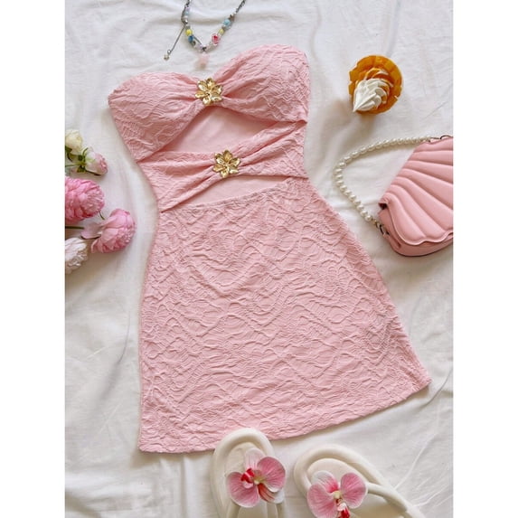 Baby Pink Womens Strapless Hollow-Out Bodycon Mini Dress With Floral ...