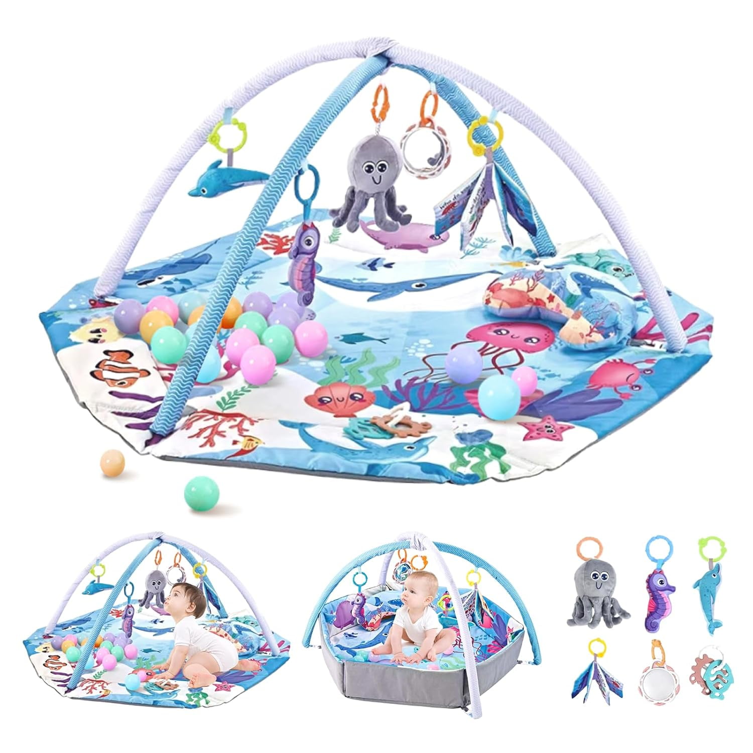 Baby Play Gym Mat,10-in-1 Tummy Time Mat,Sea World Baby Play Mat ...