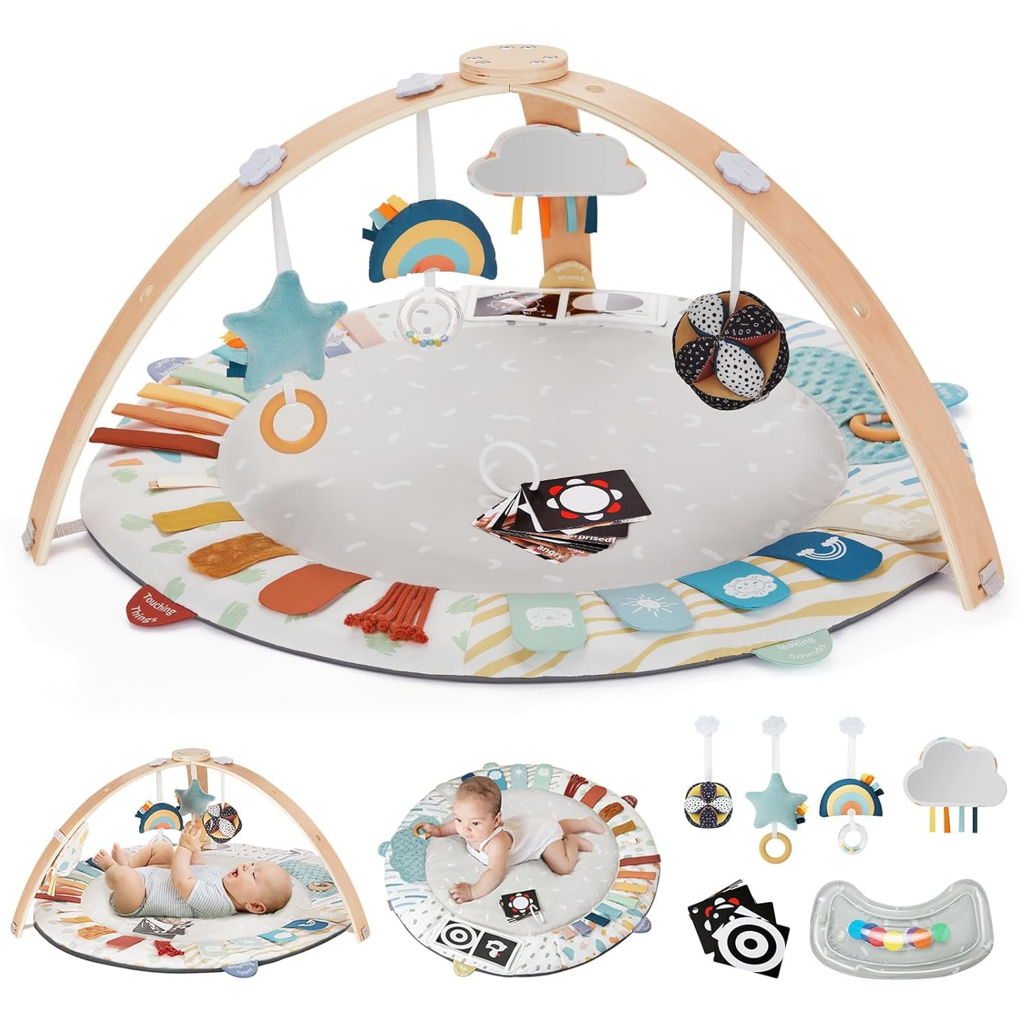 Baby Play Gym & Mat, 5 Developmental Zones Baby Activity Mat, Wooden ...