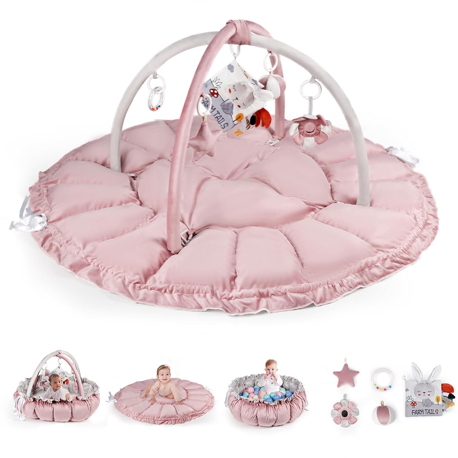 Baby Play Gym Mat, 50" x 50" Large 6-in-1 Cozy Tummy-Time Playmat with ...