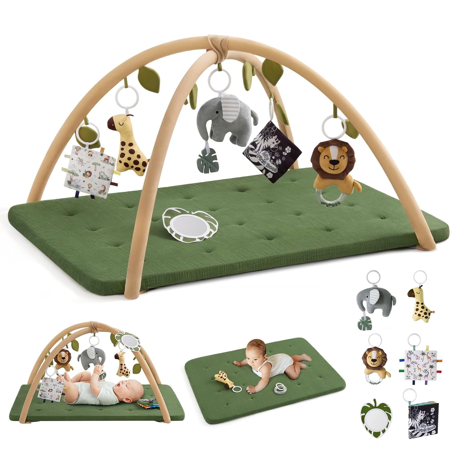 Baby Play Gym Mat, Extra Thick Muslin Cotton Tummy Time Mat with 6 ...