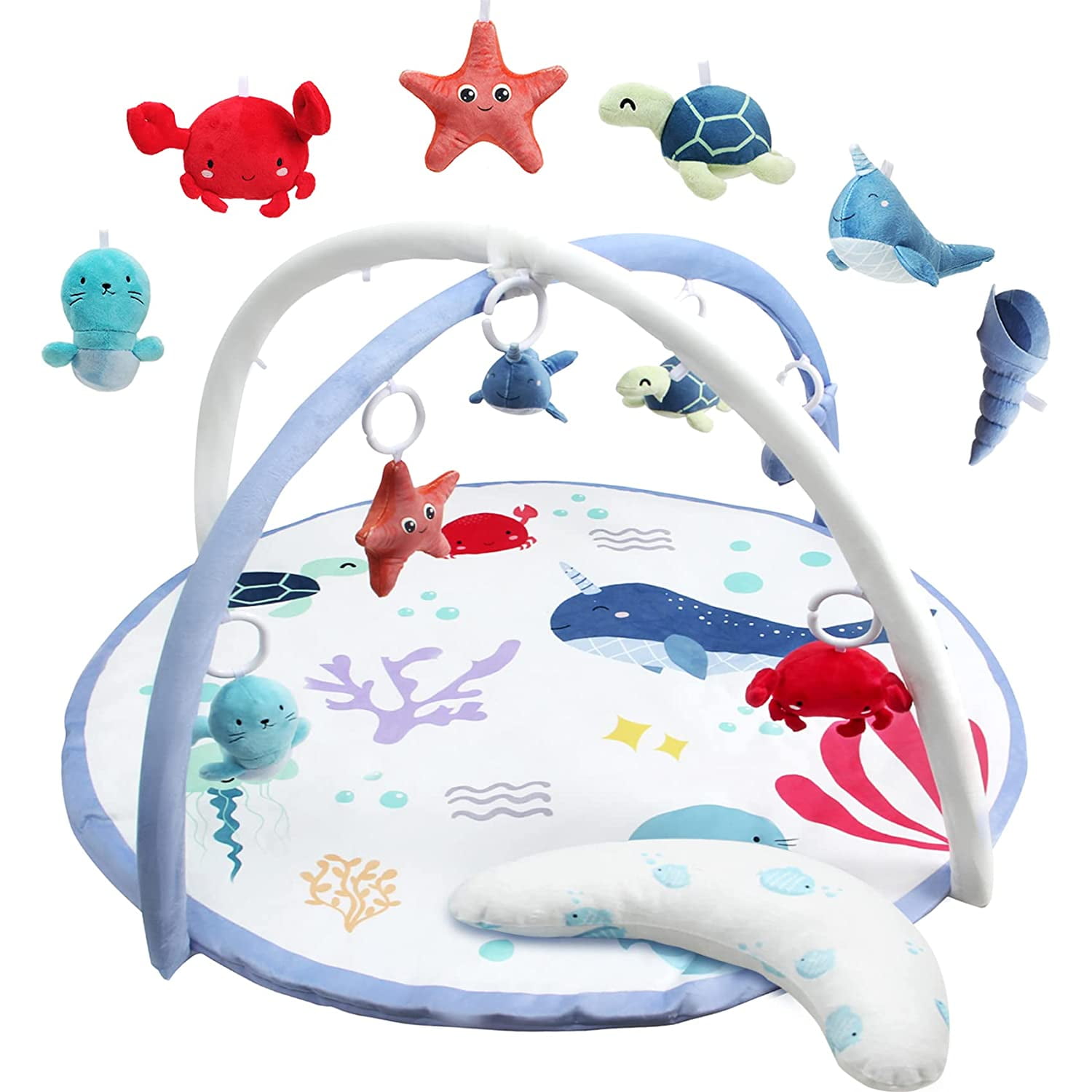 Baby Play Gym Mat, Tummy Time Activity Mat with 6 Detachable Toys and ...